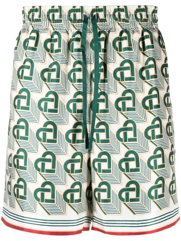 Casablanca Heart Monogram Silk Shorts - Fern Green/cream White