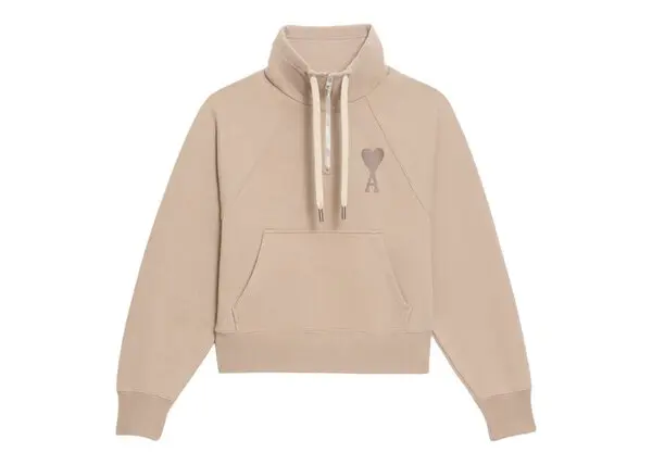 AMI Paris De Coeur Half-zip Sweatshirt - Beige Fonce