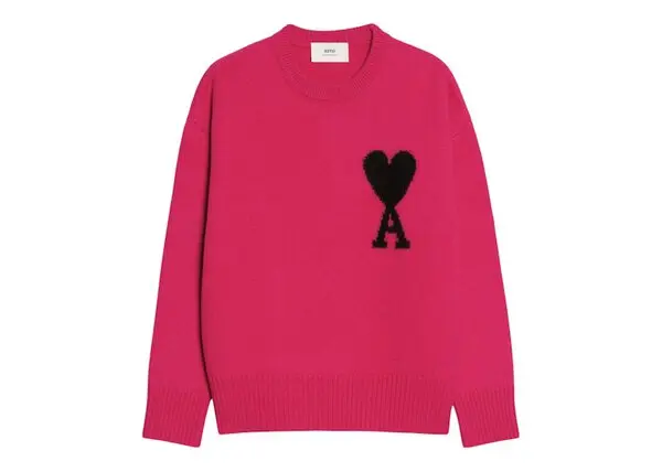 AMI Paris De Coeur Merino Wool Crewneck Sweatshirt - Fuchsia/black
