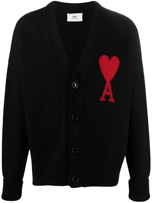 AMI Paris De Coeur Merino Wool Oversize Cardigan - Black/red