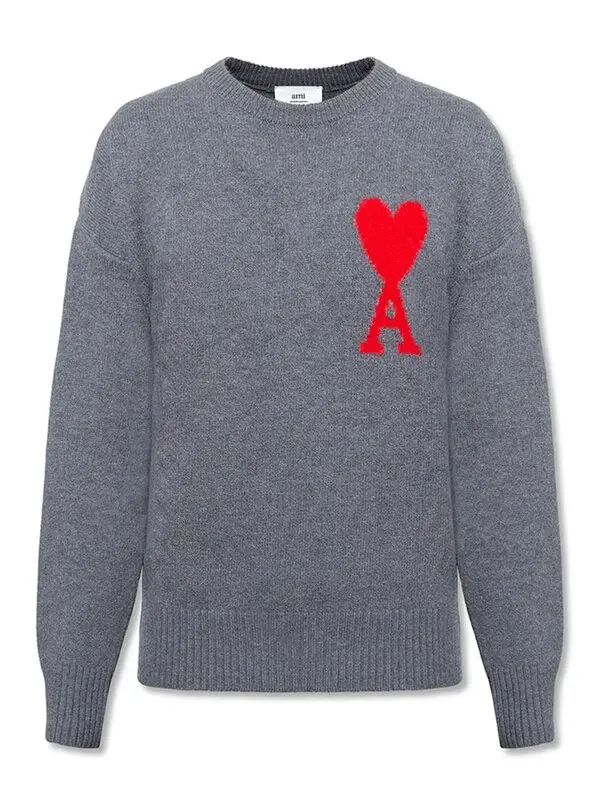 AMI Paris De Coeur Merino Wool Oversized Crewneck Sweater - Heather Grey/red
