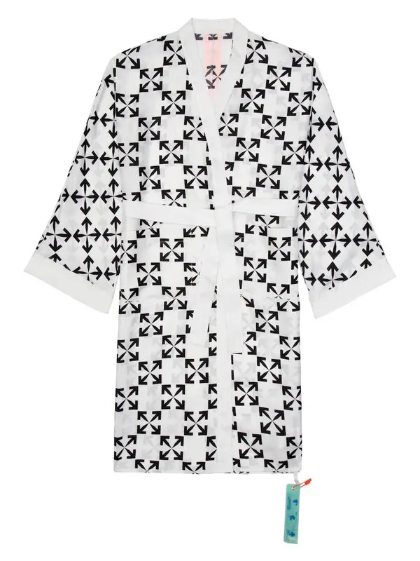 Off-White Off Arrow Pattern Silk Robe - White/black