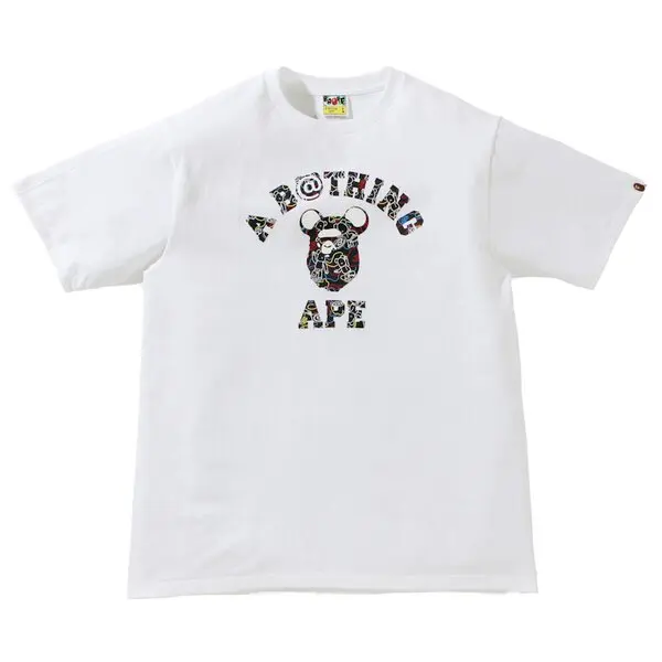 A BATHING APE X Bearbrick Camo Bear College Tee Shirt - White