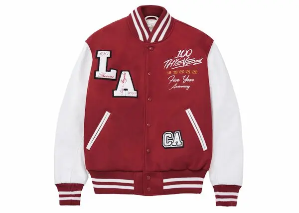 100 THIEVES Golden Bear 5 Year Varsity Jacket - Red/white