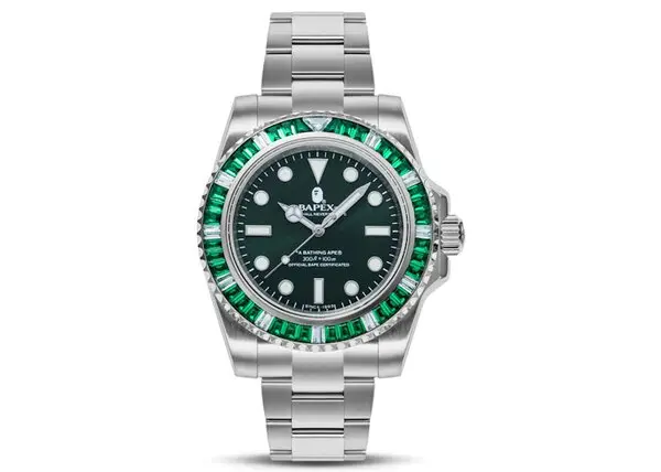 A BATHING APE Type 1 Bapex Crystal Stone Watch - Silver/green