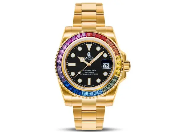A BATHING APE Type 1 Bapex Crystal Stone Watch - Gold/rainbow