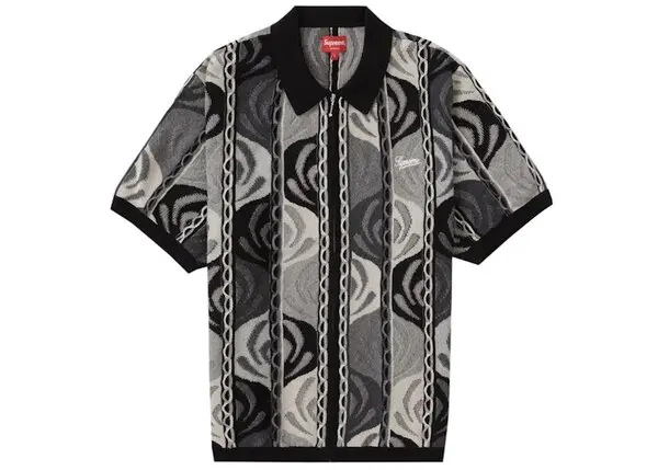 Supreme Abstract Textured Zip Up Polo - Black