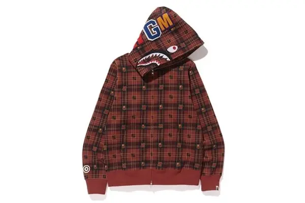 A BATHING APE Undefeated Check Shark Zip Up Hoodie - Red