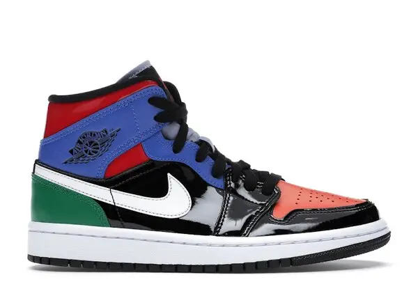 JORDAN 1 Mid Multi Patent Sneakers - Black/university Red/hyper Royal