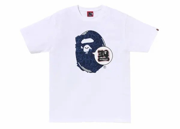 A BATHING APE 30th Anniversary Ape Head Tee Shirt - White/navy Blue