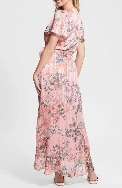 Guess New Juna Metallic Floral Print Wrap Dress