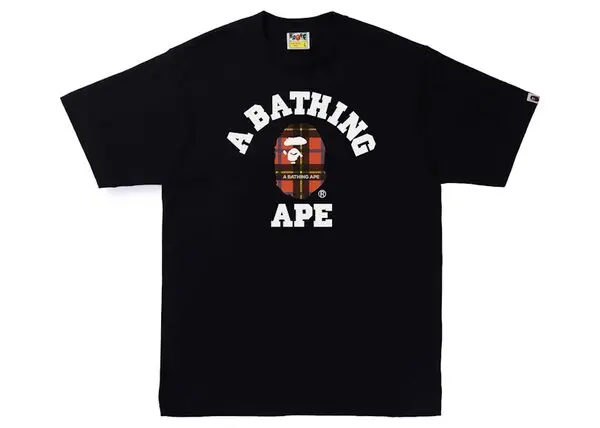 A BATHING APE Logo Check College Tee Shirt - Black/red
