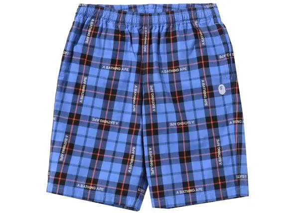 A BATHING APE Logo Check Shorts - Blue