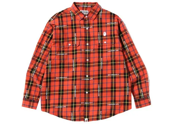 A BATHING APE Logo Check Loose Fit Shirt - Red