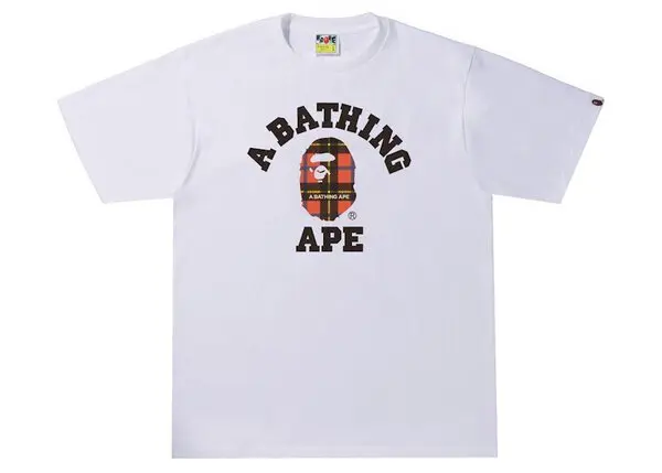A BATHING APE Logo Check College Tee Shirt - White/red