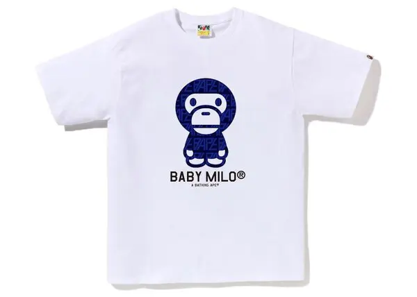 A BATHING APE Logo Monogram Baby Milo Tee Shirt - White Navy Blue