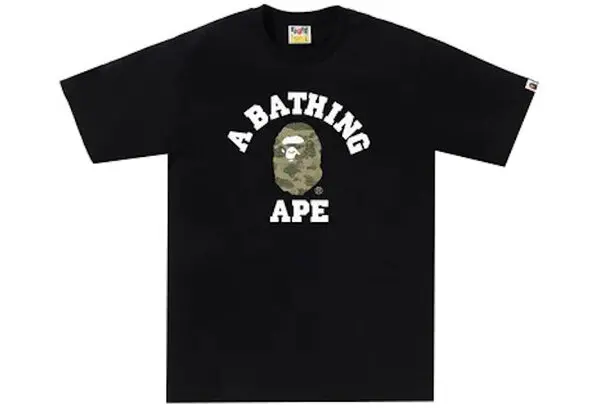 A BATHING APE Layered Line Camo College Tee Shirt - Black/beige