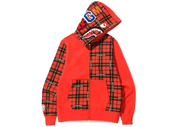 A BATHING APE Logo Check Shark Full Zip Hoodie - Red