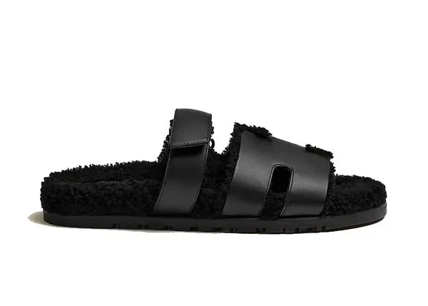 Hermès Chypre Calkskin Wool Slides - Noir/noir