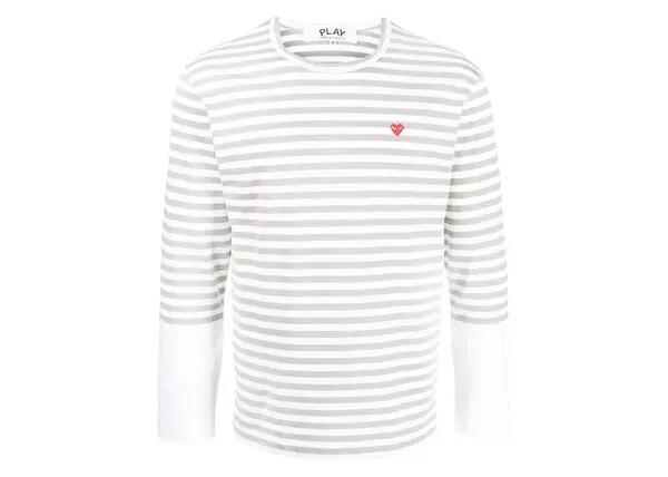 Play Comme Des Garcon Embroidered Logo Striped Longsleeve Tee Shirt - Grey/white
