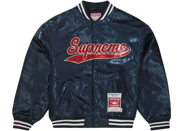Supreme Mitchell & Ness Sequin Varsity Jacket - Navy Blue