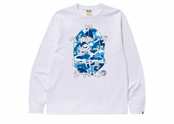 A BATHING APE Abc Camo Japanese Letters Long Sleeve Tee Shirt - White/blue