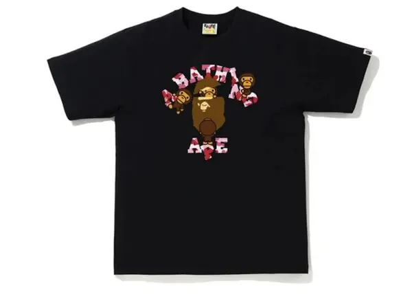 A BATHING APE Abc Camo College Milo Tee Shirt - Black/pink