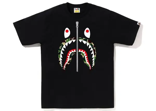 A BATHING APE Abc Camo Shark Silver Zip T-shirt Black - Black/green