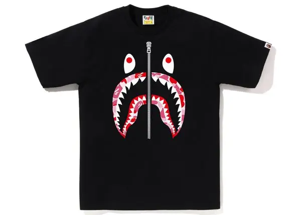A BATHING APE Abc Camo Shark Silver Zip T-shirt Black - Black/pink