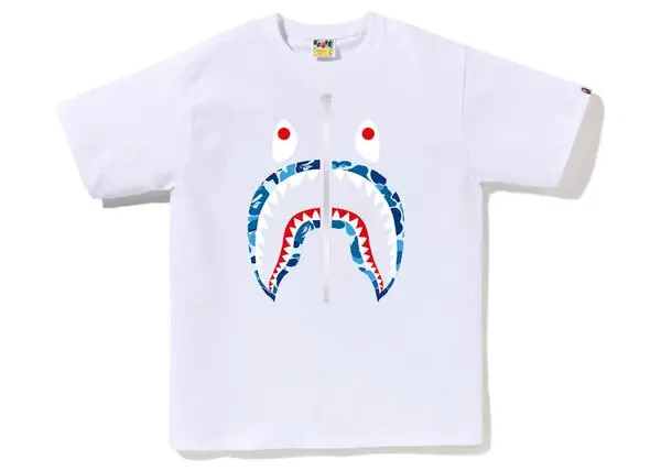 A BATHING APE Abc Camo Shark Silver Zip T-shirt White - White/blue