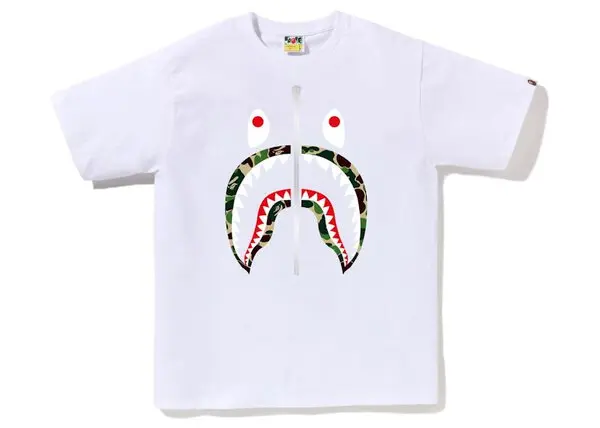 A BATHING APE Abc Camo Shark Silver Zip T-shirt White - White/green