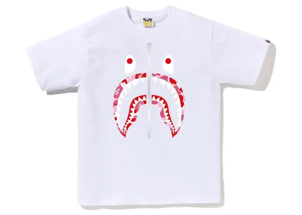 A BATHING APE Abc Camo Shark Silver Zip T-shirt White - White/pink
