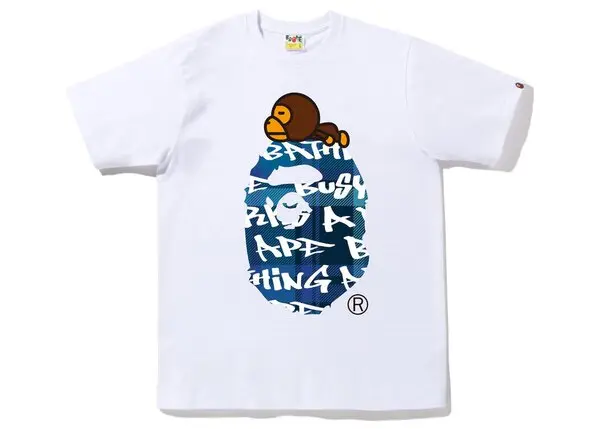 A BATHING APE Graffiti Check Milo On Big Ape Tee Shirt - White Blue
