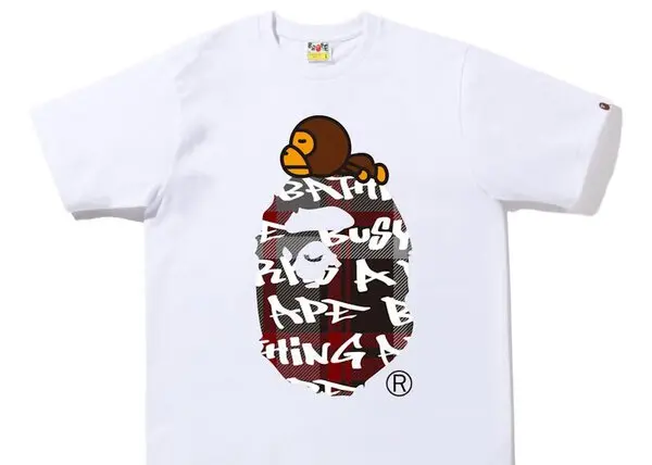 A BATHING APE Graffiti Check Milo On Big Ape Tee Shirt - White Black