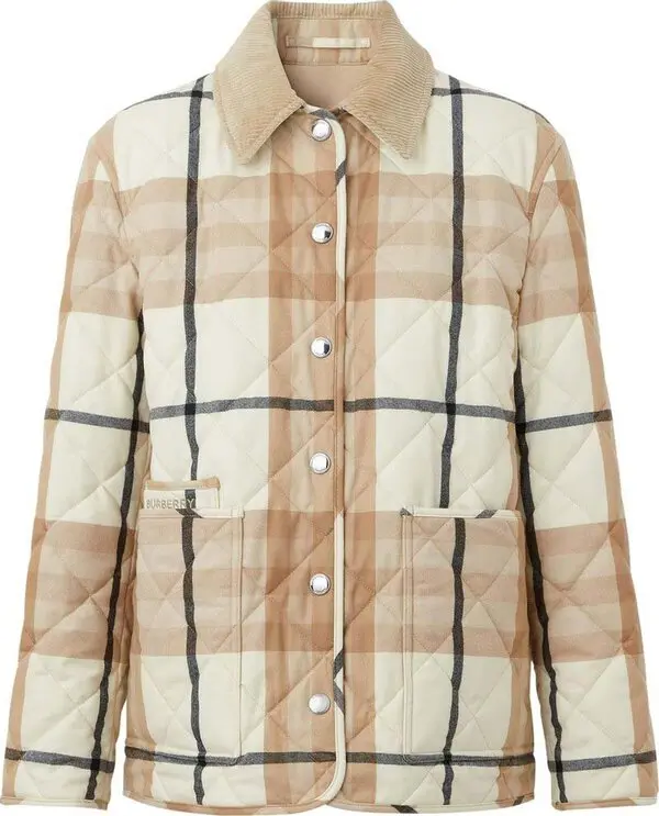 Burberry Diamond Quilted Barn Jacket With Corduroy Collar - Frosted White