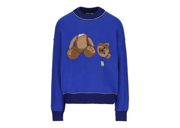 Palm Angels Teddy Bear Embroidered Wool Knit Sweater - Blue