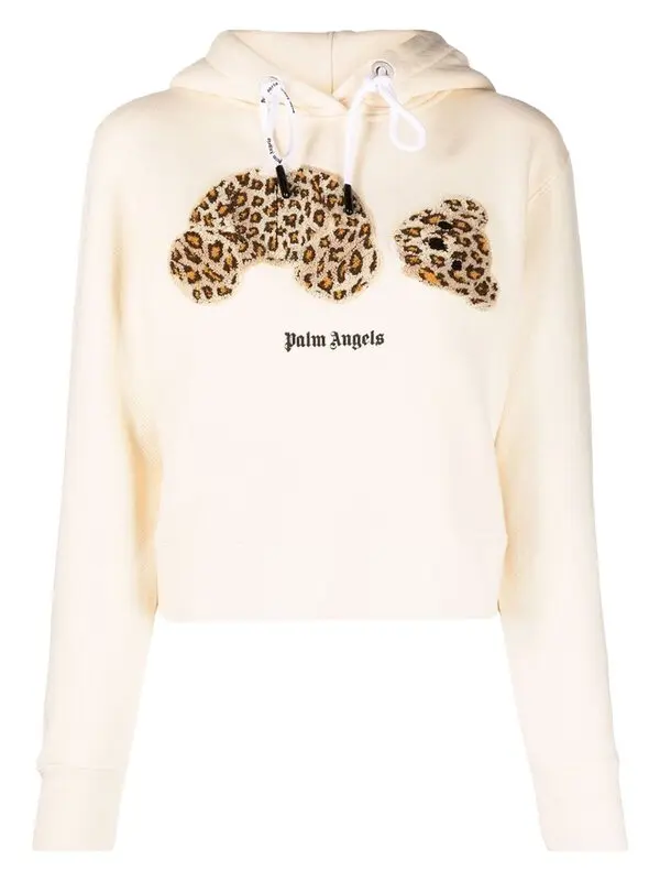 Palm Angels Leopard Bear Hoodie - Off White/brown