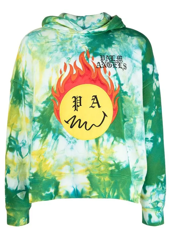 Palm Angels Smiley Intarsia Burning Head Tie Dye Hoodie - Green
