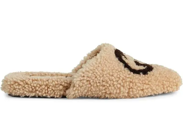 Gucci Interlocking G Sherling Slippers - Beige/black