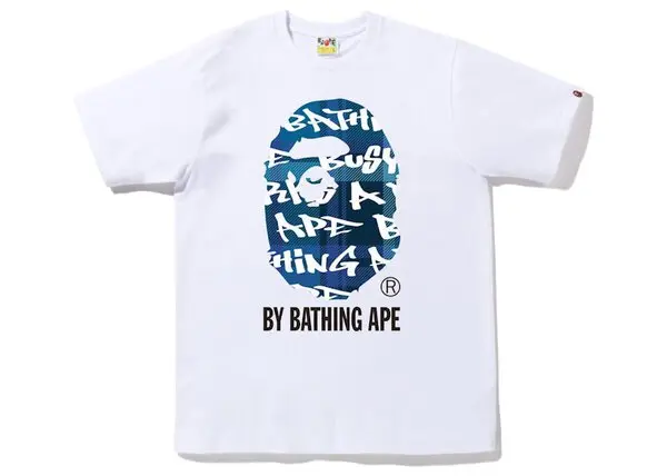 A BATHING APE Graffiti Check Bathing Ape Tee Shirt - White Blue