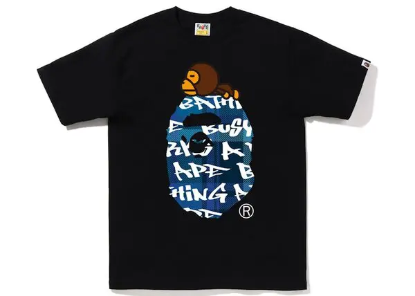 A BATHING APE Graffiti Check Milo On Big Ape Tee Shirt - Black Blue