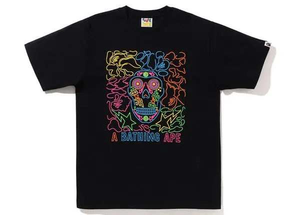 A BATHING APE Halloween Neon Mexican Skull Tee Shirt - Black