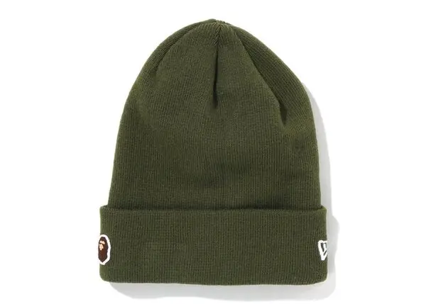 A BATHING APE Ape Head One Point New Era Knit Beanie - Olive Drab