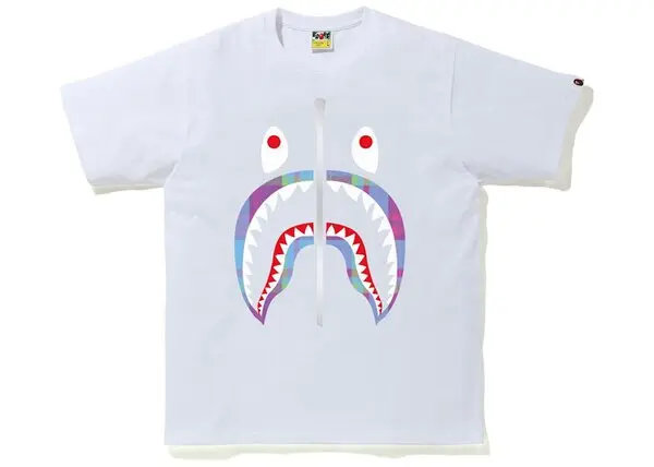 A BATHING APE Check Shark Tee Shirt - White/purple