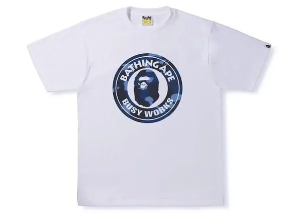 A BATHING APE Camo Busy Works Tee Shirt - White Double Navy Blue