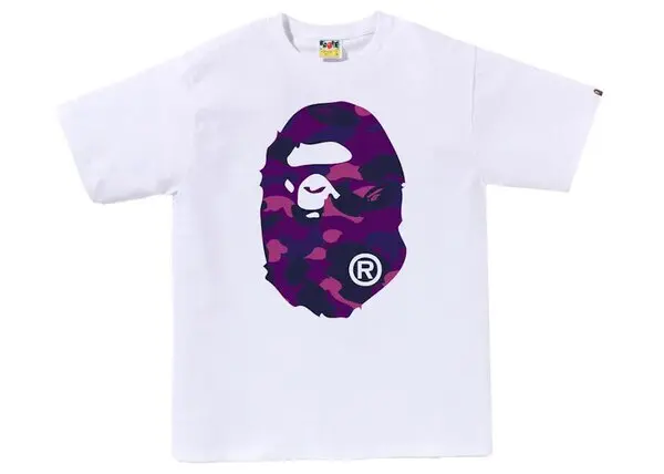 A BATHING APE Camo Big Ape Head Tee Shirt - White/purple