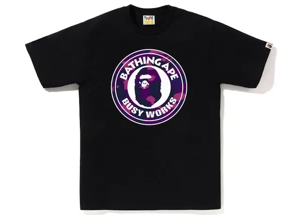 A BATHING APE Camo Busy Works Tee Shirt - Black Purple