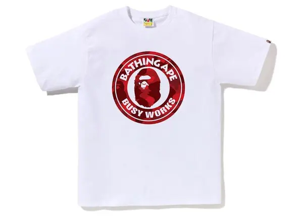 A BATHING APE Camo Busy Works Tee Shirt - White Red