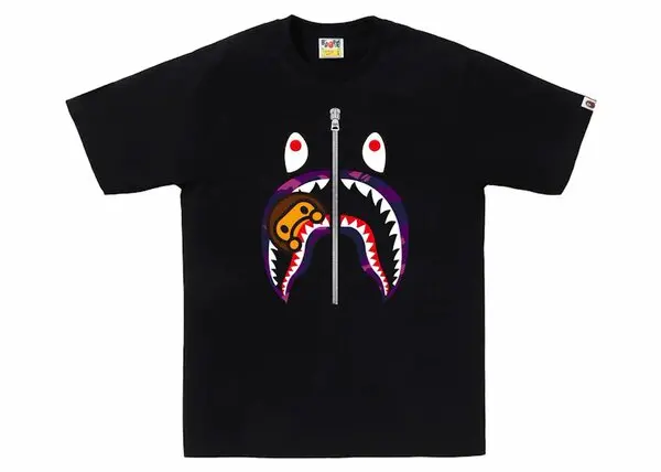 A BATHING APE Camo Milo Shark Tee Shirt - Black/purple