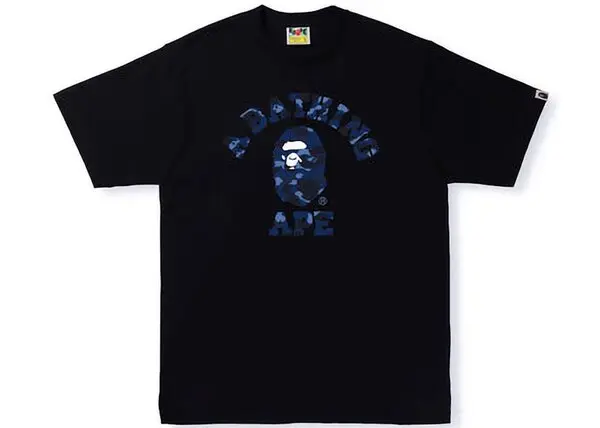 A BATHING APE Camo College Tee Shirt - Black/navy Blue